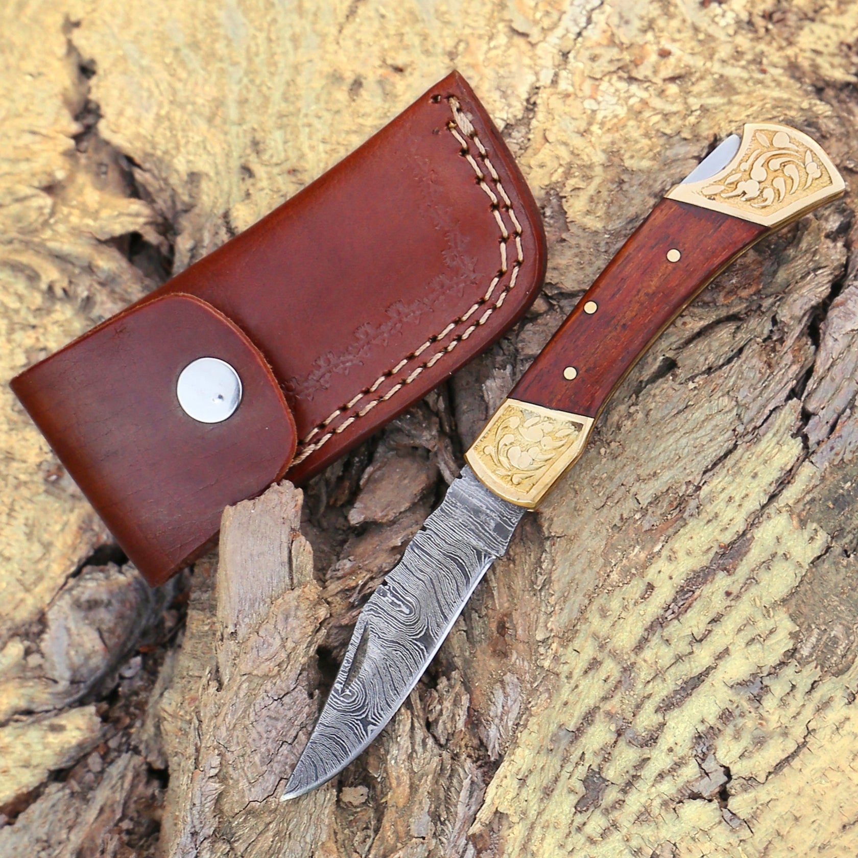 Custom Hand Forged Damascus Folding Knife Engraved Bolster With Rose W ...