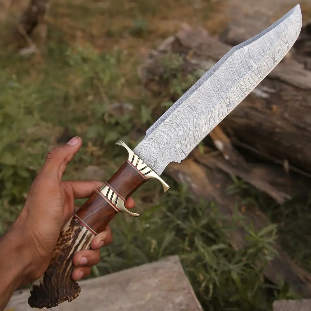 Handmade Forged Damascus Steel Hunting Bowie Rambo Knife with Deer Cro ...
